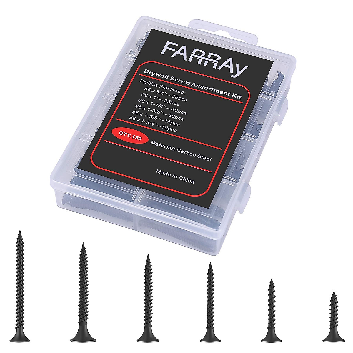 FARRAY #6 Drywall Screws, 150pcs Phillips Wood Screws Assortment Kit, Carbon Steel Black Self Tapping Screws, Screw Set for Drywall Sheetrock, Furniture
