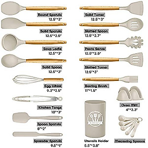 Kinfayv Silicone Cooking Utensils Kitchen Utensil Set, 21 PCS Wooden Handle Nontoxic BPA Free Silicone Spoon Spatula Turner Tongs Kitchen Gadgets Utensil Set for Nonstick Cookware with Holder (Khaki)