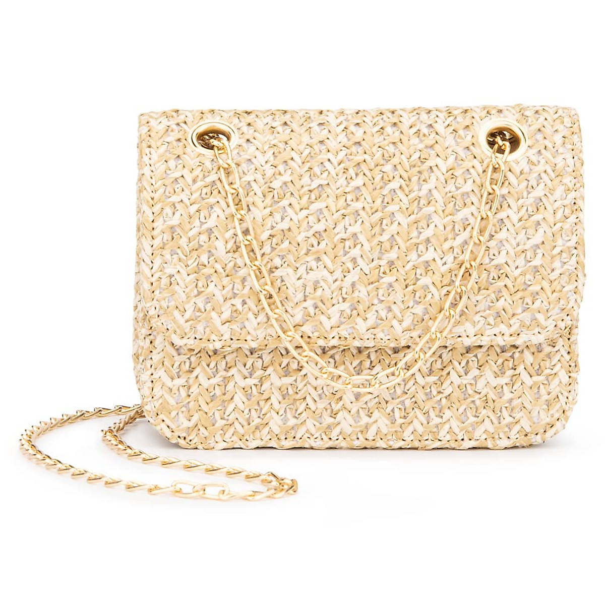 Olivia Miller Women's Fashion Mini Theodore Natural Straw w Double Chain n Front Flap, Beige Mini Crossbody Bag w Convertible Strap, Evening Everyday Casual Work Purse Handbag