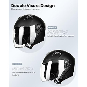 AUBOA Open Face Motorcycle 3/4 Helmets with Dual Visor for Men Women DOT Moped Scooter Cruiser Helmet Model AU-MO328 (Matte Black, L)