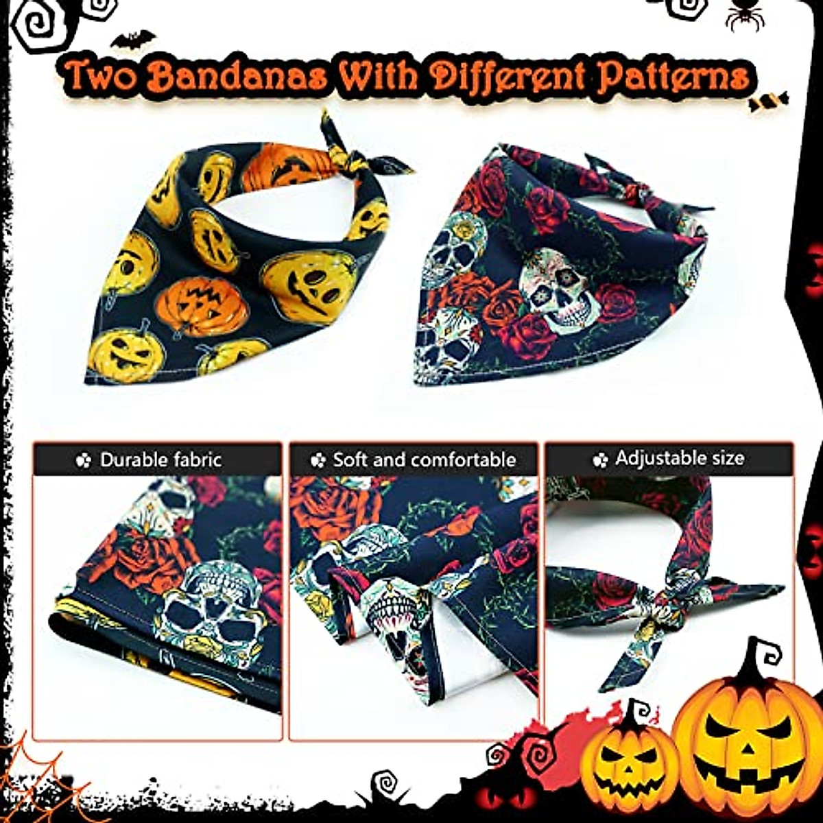 PurrNbark Halloween Dog Bandanas for Small Medium Large Breed Dogs and Cats Dog Bandana Girl Boy Scarf 2Pack Halloween Costumes Accessories Pumpkin Skeleton Ghost Pattern Black
