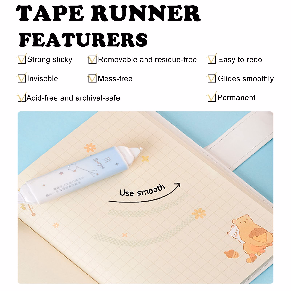 BITOSEE 2 in 1 Whiteout Correction Tape and Double Sided Tape Roller, Cute Quick Dry Japan Whiteout Tape, with Permanent Adhesive Tape Runner,for School Office Instant Correction & Scrapbook Supplies