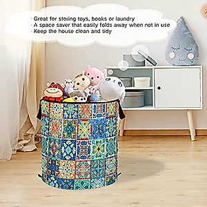 xigua Mexican Talavera Round Laundry Basket with Lid, Waterproof Clothes Toy Storage Basket Nursery Hamper with Handles for Laundry Room, Bathroom, Bedroom, Dorm, Kids Room