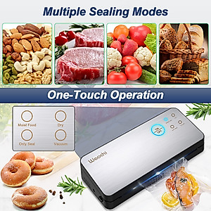 Weochi Vacuum Sealer Machine, 85Kpa Food Sealer with Built-in Cutter and Bag Storage(Up to 20 Feet Length), Dry & Moist Food Modes, Touch Control Panel, LED Indicator Lights, Compact Design, Silver