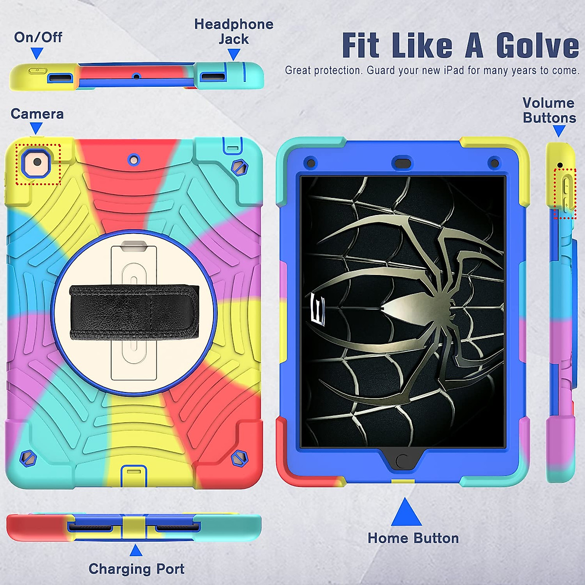 LTROP iPad 6th/5th Generation Case(2018/2017), iPad Air 2 Case, iPad 9.7 Inch Case, Shockproof Kids Case with Screen Protector/Shoulder Strap/Swivel Kickstand for iPad 6th/5th Gen/Air 2, Colorful