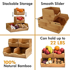 HOMESTEAD Bamboo Pantry Storage Bins - Stackable Baskets , Potato and Onion Storage, Wood Storage Bins for Pantry Baskets Organization and Storage, Set 3 Pieces
