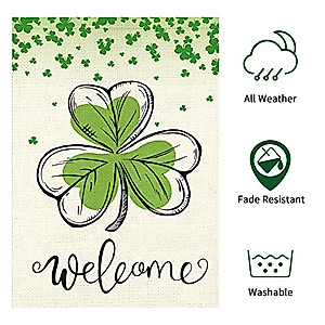 Heyfibro Welcome St. Patrick's Day Garden Flag Vertical Double Sided Green Shamrock Garden Flag St Patrick's Day Irish Small Mini Burlap 12x18 Inch Flags for Outside Decoration(ONLY FLAG)
