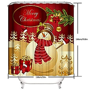 CRTEPST 4Pcs Christmas Shower Curtain Set,Christmas Shower Curtain,Non-Slip Bathroom Rugs,Toilet Cover ,Bath Mat,Christmas Bathroom Snowman Decorations Santa Claus Xmas Decor (Golden Snowman)