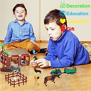 BOLZRA Mini Barn Farm Toys Playset, 66PCS Plastic Animals Figurines and Fence Farm Playset, Farm Figures Farmer Vehicle Toy Truck with Trailer for 3-12 Years Old Kids Boys Girls Toddlers