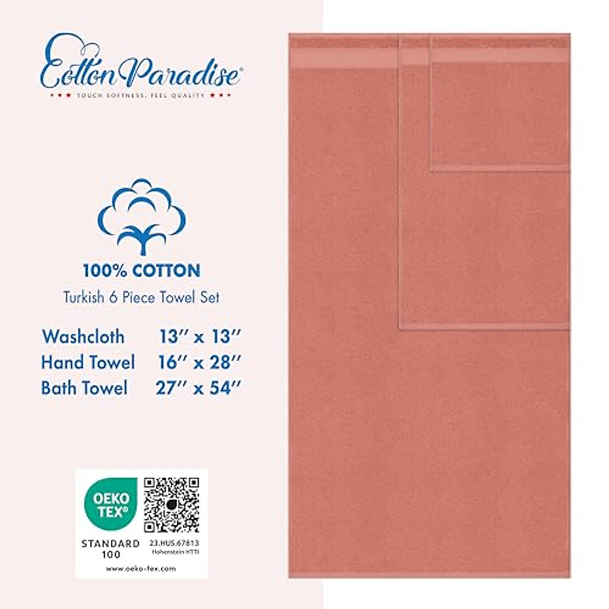 Cotton Paradise 6 Piece Towel Set, 100% Cotton Soft Absorbent Turkish Towels for Bathroom, 2 Bath Towels 2 Hand Towels 2 Washcloths, Coral Towel Set