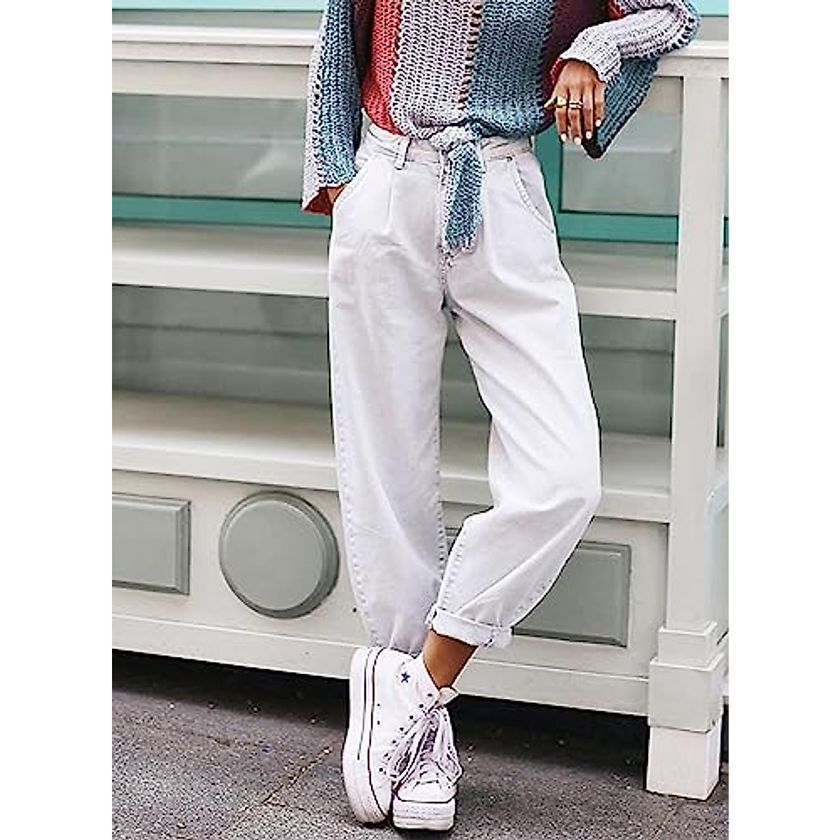 EVALESS Cargo Jeans for Women Casual Baggy High Rise Straight Leg Boyfriend Pants Y2K Trousers Streetwear Pant with Pockets White 12