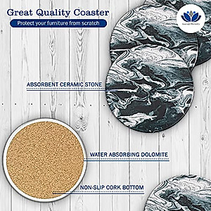 Coasters for Drinks, Round Absorbent Ceramic Stone Coasters Set of 6 with Cork Base, Funny Drink Coasters with Holder for Cold Drinks Wine Mugs and Cups Tabletop Protection, 4 Inches (Black)