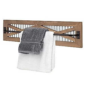 Crutello Rustic Towel Bar with Galvanized Backing for Bathrooms, 24x6 Inches - Wall Mounted Towel Rack Barnwood & Black Metal Bar, Farmhouse Decor