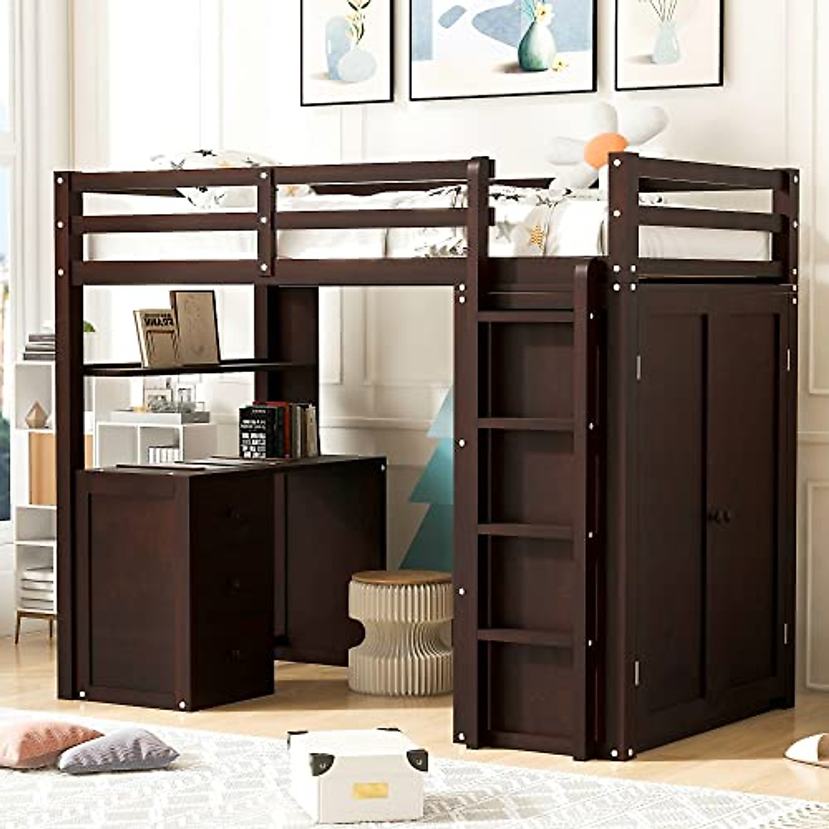Harper & Bright Designs Twin Size Loft Bed with Desk and Wardrobe, Wood Loft Bed Frame with Storage Drawers and Full-Length Guardrails, High Loft Bed for Kids Teens Boys and Girls (Espresso)