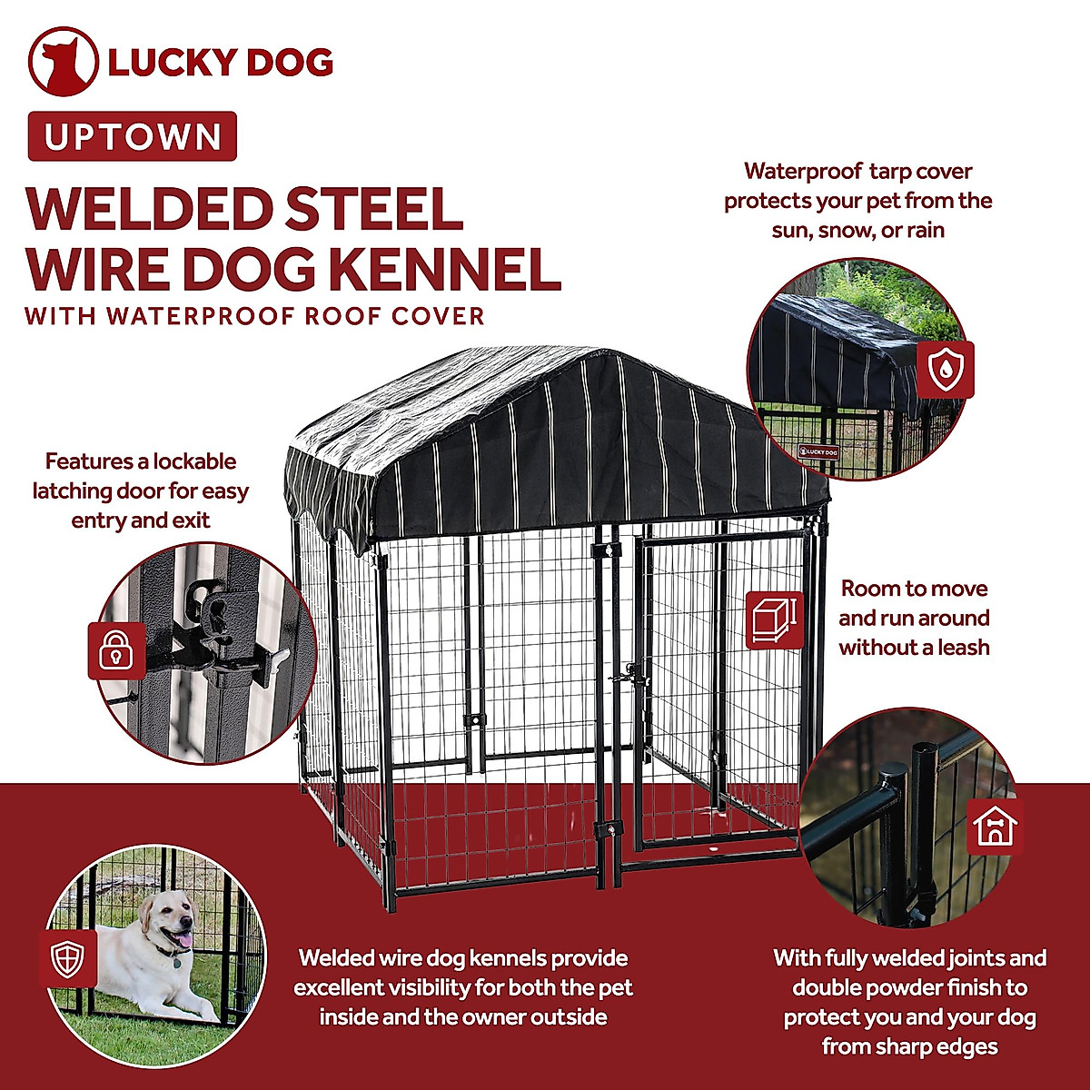 Lucky Dog 4 Feet Uptown Welded Steel Wire Mesh Secure Outdoor Dog Kennel Playpen Crate with Waterproof Cover and Lockable Gate, Black