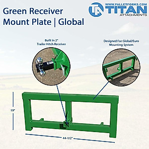 Titan Attachments Global Euro Receiver Mount Plate Fits John Deere Tractors with Global Euro Style Mounting System, 2" Receiver Hitch, 3000 LB Weight Capacity, Green Finish Steel Mount Plate Adapter