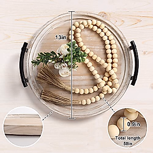 Round Wood Tray/w Wood Bead Garland - 13" Decorative Trays for Home Decor - Round Wooden Tray with Handles - Wooden Round Tray for Kitchen Counter.