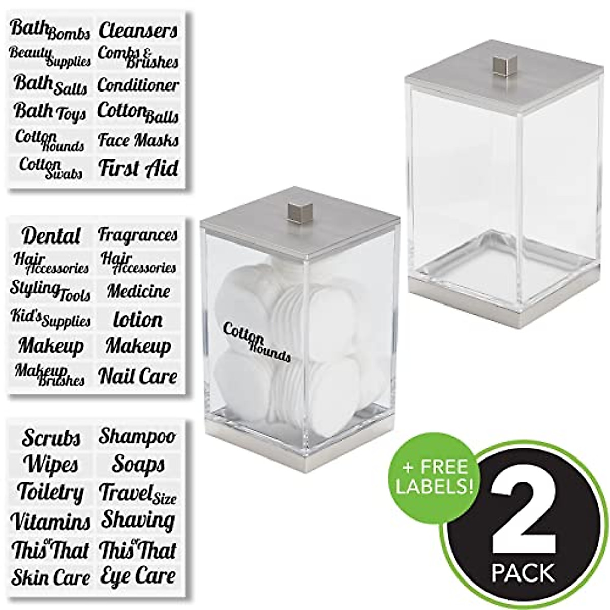 mDesign Acrylic Storage Organizer Canister Jar with Labels, Large Containers - Bathroom Storage, Organization for Vanity, Counter, or Makeup Table, Lumiere Collection, Set/2 + Labels, Clear/Brushed