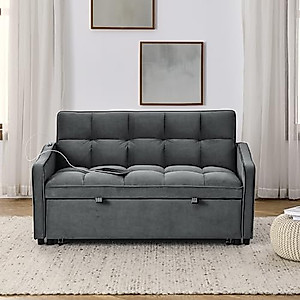 Upholstered Futon Loveseat Sofa Convertible to Sleeper Sofá Bed,Adjsutable Love Seat Chaise Lounge Couch Chair,Sofacama with Two Arm Pocket,Type C,USB Charging and Copper Nail for RV/Living Room