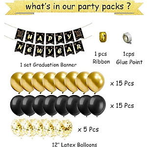 2024 Happy New Year Party Supplies, Foil Balloons Set, Happy New Year Banner, Latex Balloons, Curtains, Paper Pompoms for Home Outdoor Decor New Years Eve Party Supplies 2024, Black and Gold