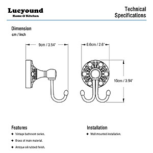 Lucyound Antique Brass Towel Hook, Wall Mounted Bathroom Double Hook for Clothing & Robe Hanger, Screws Install Shower Wall Hook, Vintage Petal-Relief Series