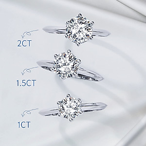 SAMIOVJ Moissanite Rings for Women, D Color Round Solitaire Lab Created Diamond Ring 18K White Gold Plated 925 Sterling Silver 6 Prong Moissanite Engagement Ring