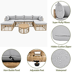 7 Pieces Outdoor Patio Furniture Sectional Sofa Set with Coffee Table, All-Weather Rattan Conversation Set with Thick Cushions and Pillows for Garden Backyard Balcony, Freely Combined (Grey-7S)