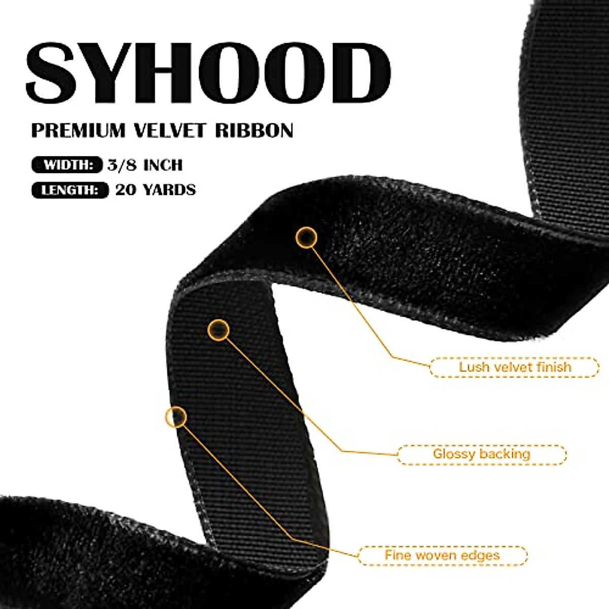 Syhood Christmas Velvet Ribbon with Gold Edge Waterproof Wrapping Velvet Wired Ribbon Decoration for Xmas Wreath Bows Floral Craft Ornaments(3/8 Inch x 20 Yard,Black)