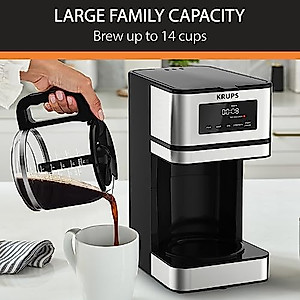 KRUPS Simply Brew Stainless Steel and Glass Carafe Drip Coffee Maker 14 Cup Programmable, Customizable, Digital Display, Warming Function Coffee Filter, Dishwasher Safe, Drip Free Silver and Black