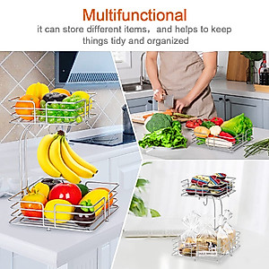 Kufutee 2 Tier Countertop Fruit Basket,Vegetables Bowl Storage With Banana Hanger,Sliver