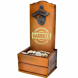Custom Engraved Wood Wall Mounted Beer Soda Bottle Opener with Cap Catcher - Personalized with Bottle Cap Style (Red/Brown)