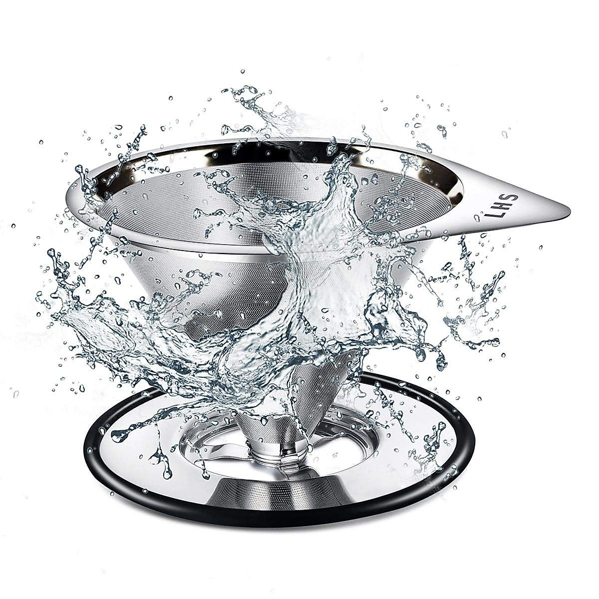 Pour Over Coffee Dripper Stainless Steel LHS Slow Drip Coffee Filter Metal Cone Paperless Reusable Single Cup Coffee Maker 1-2 Cup With Non-slip Cup Stand and Cleaning Brush