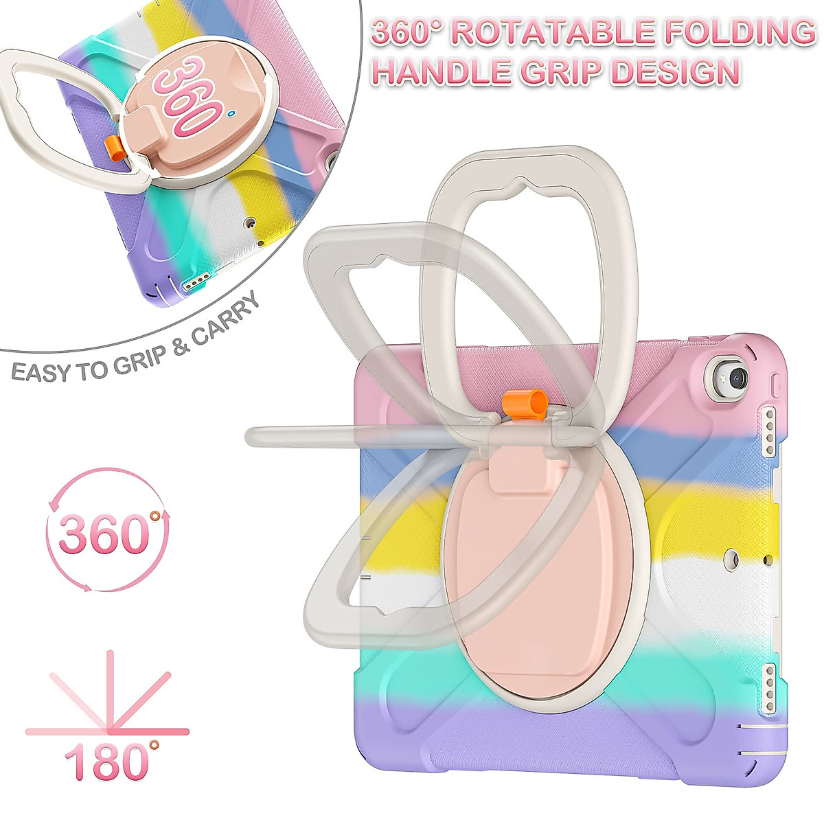 BATYUE iPad Pro 10.5 Case 2017 Released, iPad Air 3rd Generation Case 2019 Release; Rugged Heavy Duty Protective Cover with Pencil Holder, 360° Swivel Stand, Shoulder Strap; for Kids (Colourful Pink)