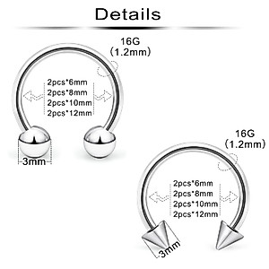 Ftovosyo 16PCS 16G Multiple Different Sizes Horseshoe Barbell Surgical Steel Nose Septum Rings Hoop Daith Earring Eyebrow Helix Vertical Lip Piercing Jewelry for Women Men
