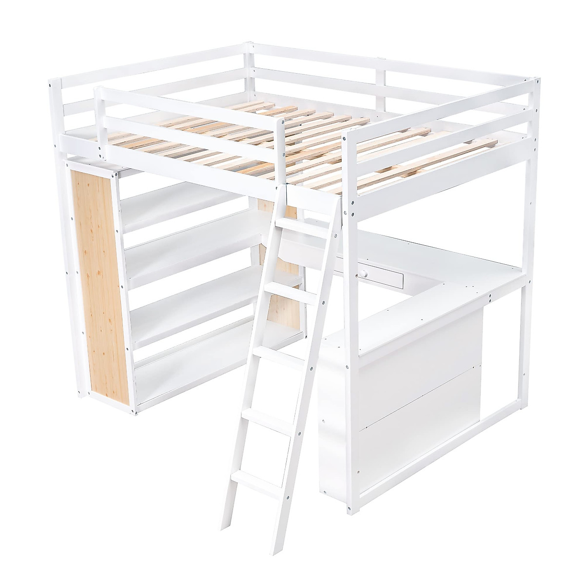 Bellemave Full Loft Bed with Desk and 6 Storage Shelves, Wood Loft Beds Frame with Bookcase and Writing Board, Modern High Loft Bed for Kids Boys Girls Teens, Full Size, White, White With Shelves