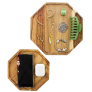 Spec101 Acacia Wooden Trays for Decor - 2-Pack Octagon Decorative Serving Tray for Breads, Fruits, Cheeses, and Cupcakes