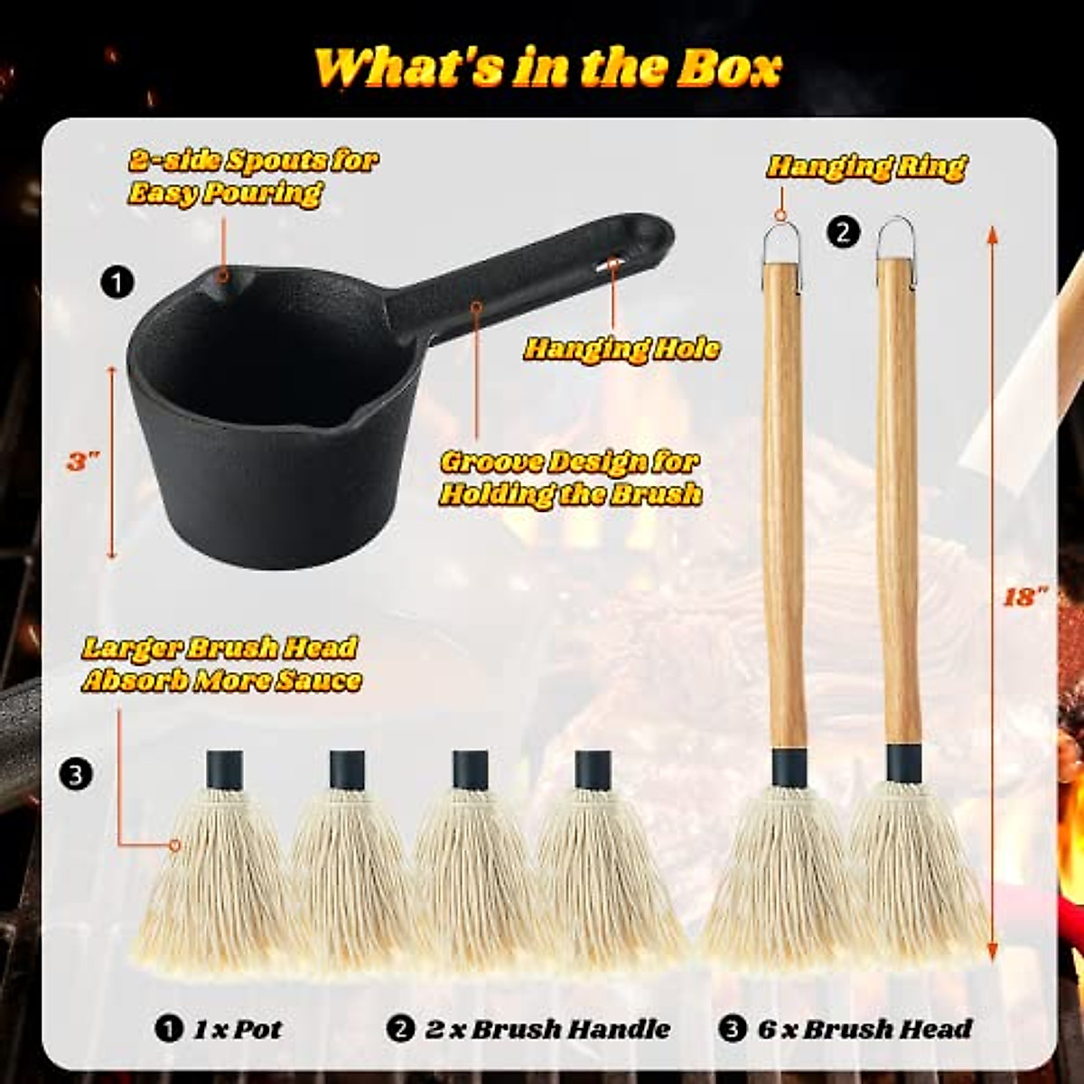Cast Iron Sauce Pot and BBQ Mop Brush Set for Grilling, 7 Pcs Barbecue Accessories include 24 oz Heat Preservation Heavy Basting Melting Pot, 2Pcs Wooden Long Handle Sauce Mops and 4Pcs Replacements