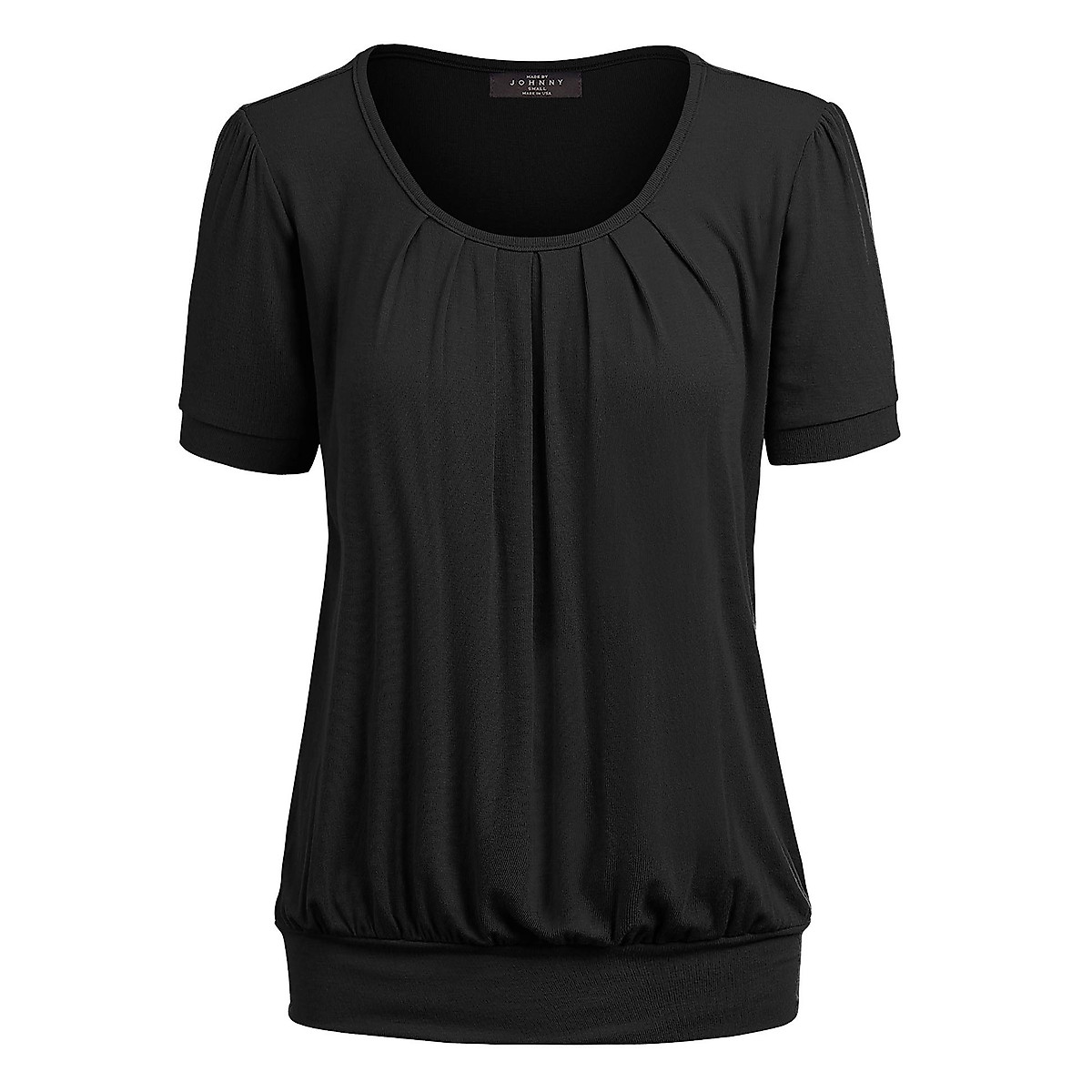 Made By Johnny MBJ WT1175 Women's Scoop Neck Short Sleeve Pleated Front Blouse Tunic Top XL Black