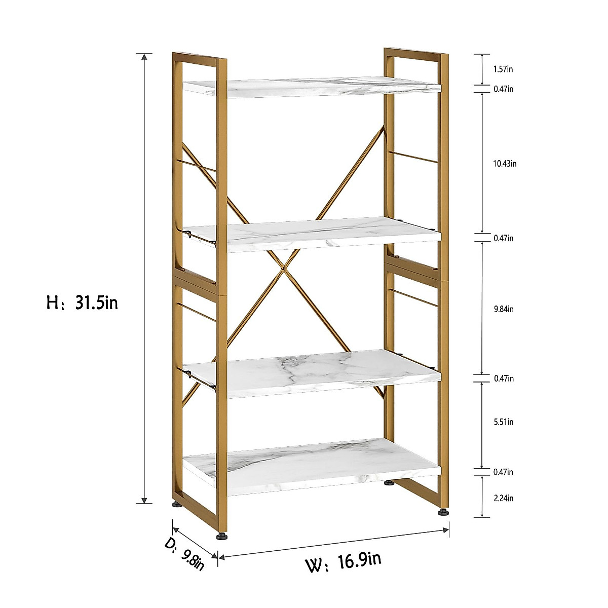 Azheruol 4 Tiers Bookshelf Adjustable White Faux Marble Organizer, Modern Small Bookcase for Small Space,Industrial Wooden Storage Display Rack and Storage Organizer for Living Room Home Office(Glod)