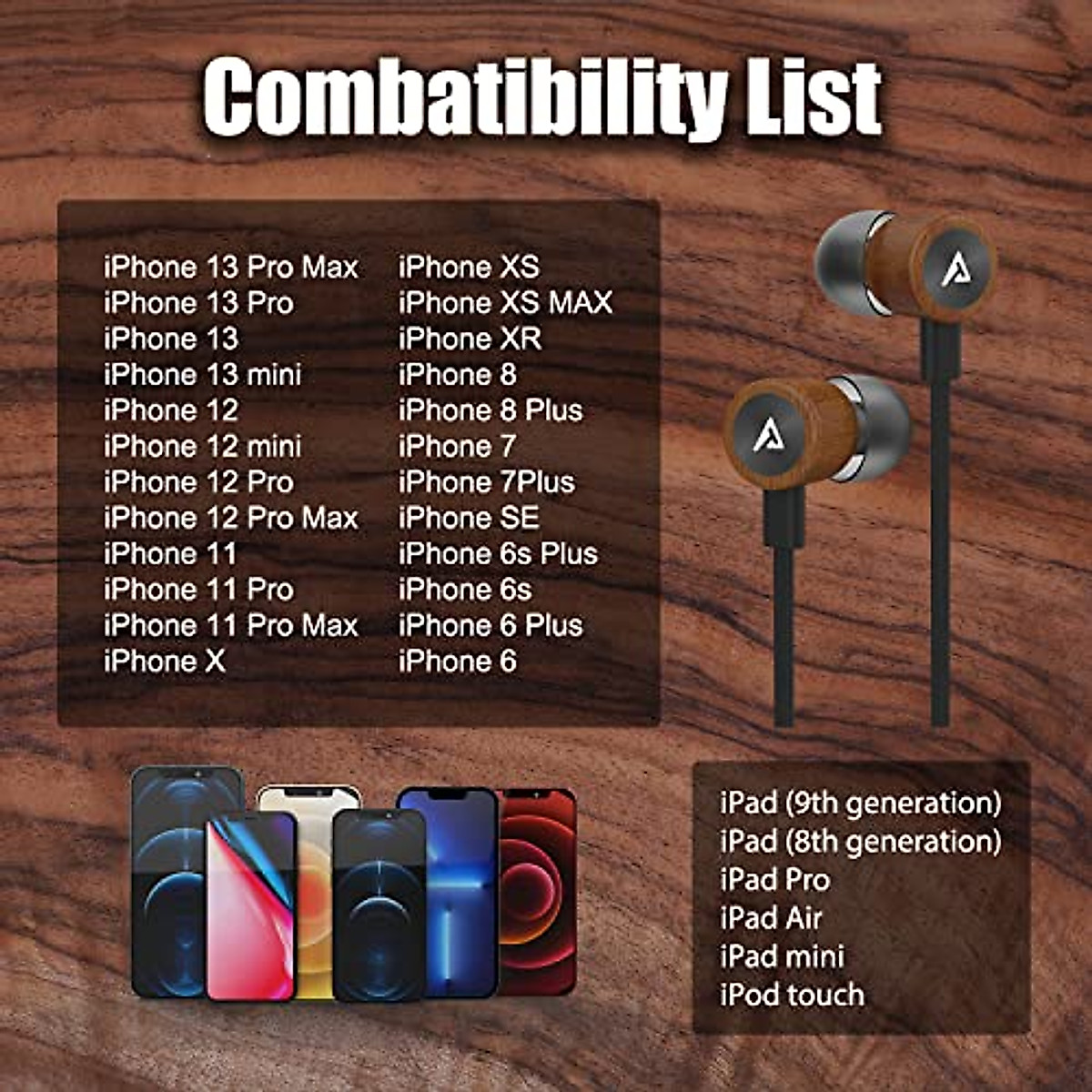 ADPROTECH Lightning Headphones Wired Earbuds Wood MFi Certified Earphones in-Ear Magnetic Headset with Microphone and Volume Controller Compatible iPhone 14 13 12 11 Pro Max iPhone Xs Max XR Black