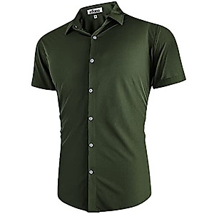 ATFORNA Men's Dress Shirt Slim fit Button Down Shirts Summer Short Sleeve Blouses Tops Men Clothes Green