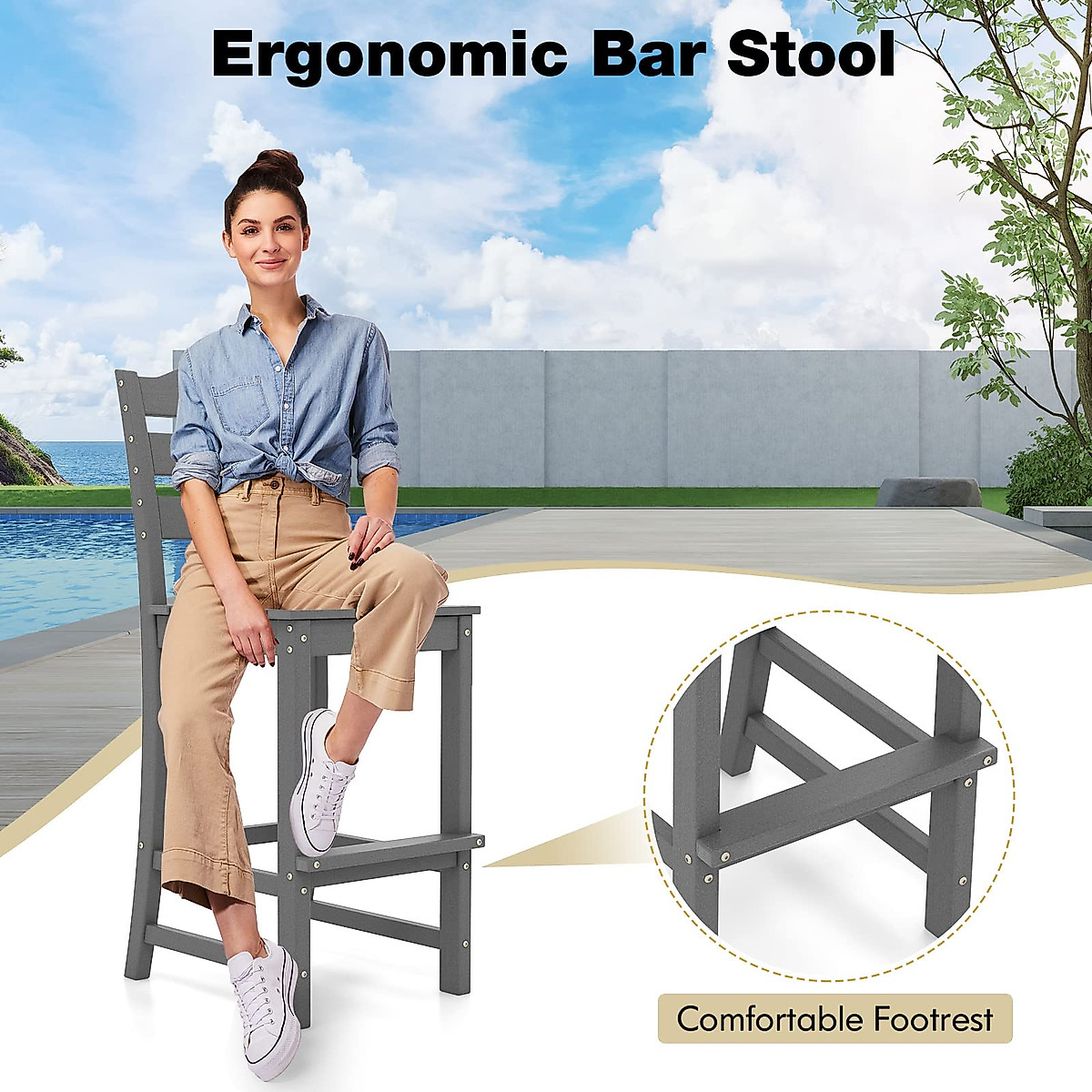 Giantex Outdoor HDPE Bar Stool, Patio Tall Bar Chair with Backrest and Footrest, 30 Inches Counter Height Barstools for Garden, Backyard, Weather Resistance, Easy Maintenance (2)