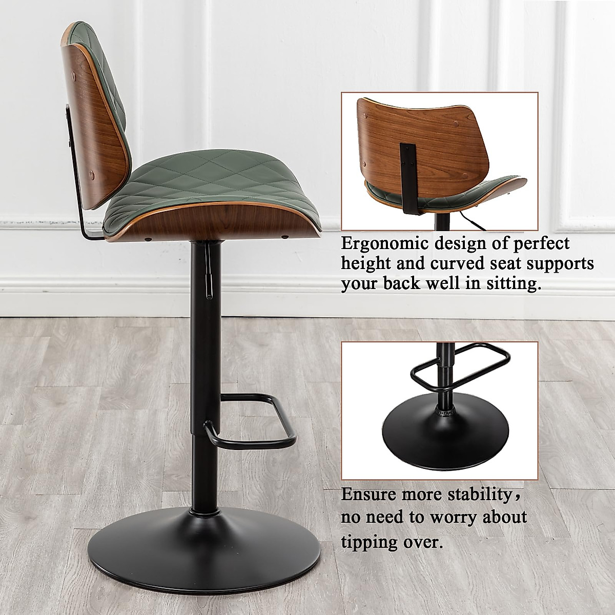 LUNLING Bar Stools Set of 2 Mid Century Modern Adjustable Counter Height Green Leather Upholstered 360°Swivel Bar Chairs for Kitchen Island/Dining Room/Cafe