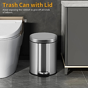 BLKMTY Trash Can Bathroom Trash Bin with Lid Waste Bin 6 L/1.6 Gallon Stainless Steel Garbage Can Round Portable Garbage Bin for Bathroom Office Bedroom Rubbish Bin Step-Open, Silver (2 Pack)