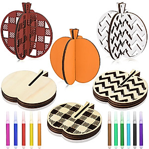 Huwena 24 Pcs Pumpkin Wood DIY Crafts Cutouts with 12 Colored Markers Unfinished Pumpkin Wood Slices DIY Crafts Fall Pumpkin Decor Freestanding Pumpkin Ornaments for Autumn Party Table Tiered Tray