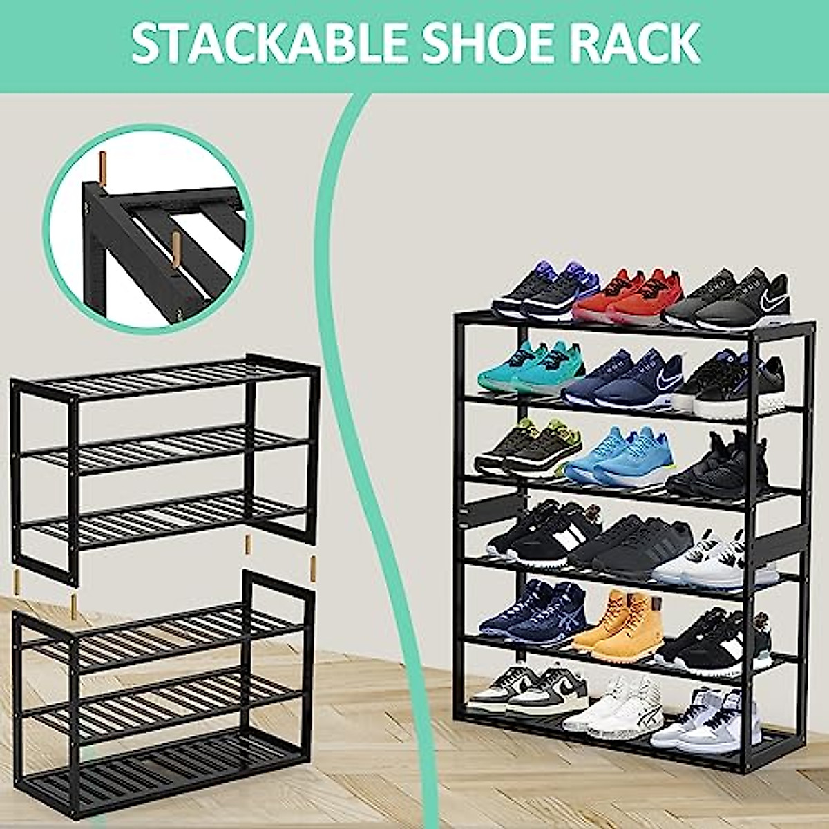 Jripae Bamboo Shoe Rack for Entryway, 3-Tier Stackable Dampproof Black Shoe Racks for Closet Closet Hallway Waterproof Shoe Organizer (Bamboo)