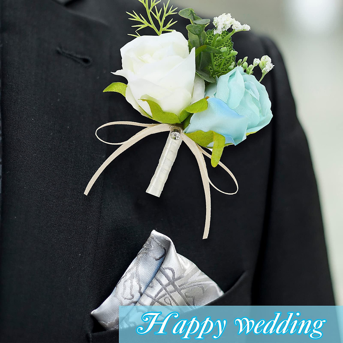 Yunlly 2 Pcs Boutonniere Wrist Corsage Set Artificial Rose Corsage Wristband Boutonniere Flower Decor Wrist Corsage for Men Women Bride Bridesmaids Wedding Accessories Prom Suit Decor (Blue, White)