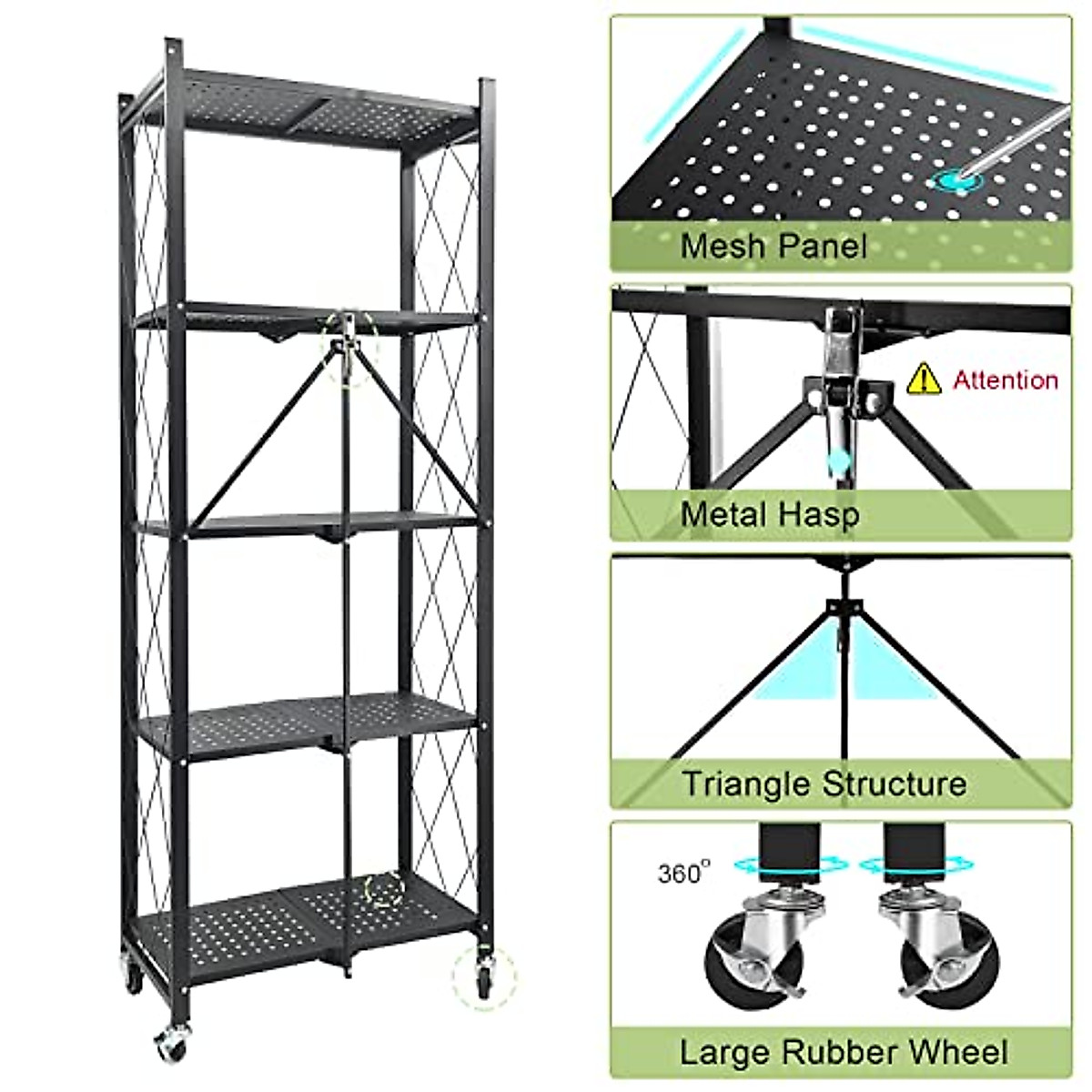5-Shelf Foldable Storage Shelves with Wheels, Large Capacity Shelving Unit, Freestanding Metal Wire Shelf Rack, No Assembly Organizer Rack for Garage Kitchen, Basement, Pantry, Heavy Duty