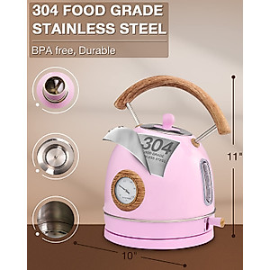 Electric Tea Kettle, 1.7Liter Stainless Steel Tea Kettle Hot Water Boiler with Thermometer, BPA Free, SMOLON 1500W Pour-Over Kettle Teapot with LED Indicator Auto Shut-Off & Boil-Dry Protection, Pink