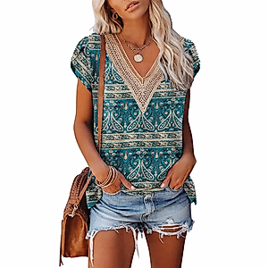 ETCYY Womens Summer Tops 2024 Trendy Casual Cap Sleeve Tops Striped Print Cute Tops Petal V Neck Short Sleeve Shirts(L.Flower Retro)